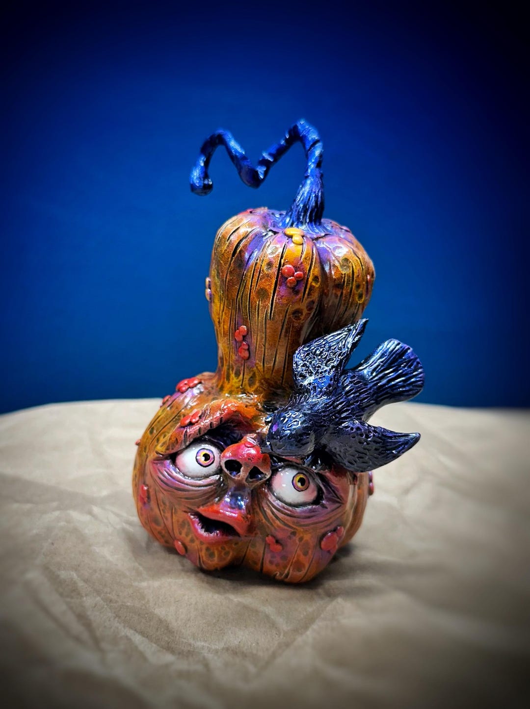 Scared Pumpkin Squash With Crow Sculpture: Hand-painted Polymer Clay ...