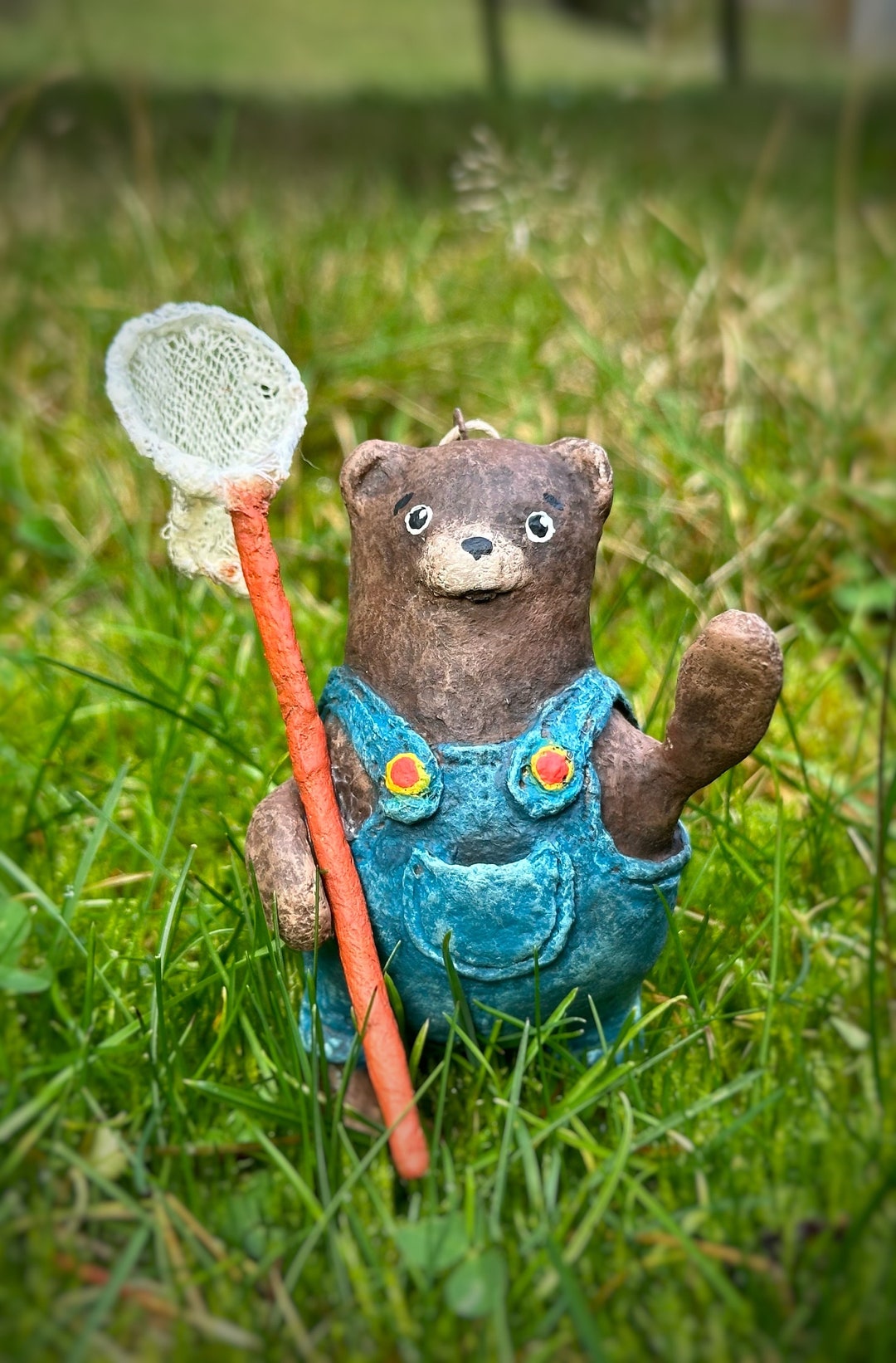 Bug Catcher Bear in a Jumpsuit With a Net OOAK Papier Mache Ornament ...