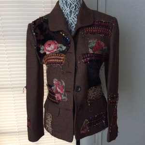 Floral-brown Jacket Upcycled Boho Handmade Sz 6 Wool Blend - Etsy