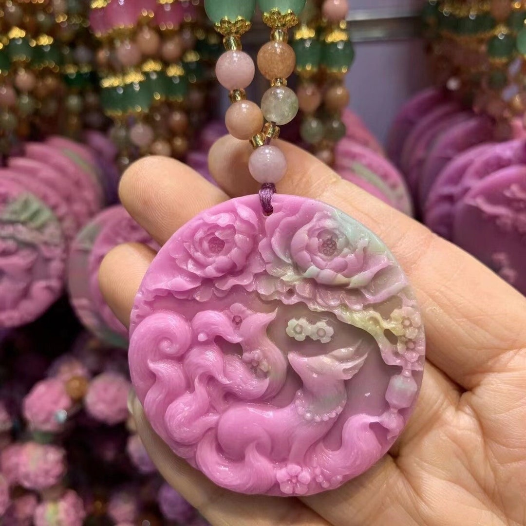 Natural Pink Jadeite Jade Round Fox Flower Charm Good Luck Flower Fox ...