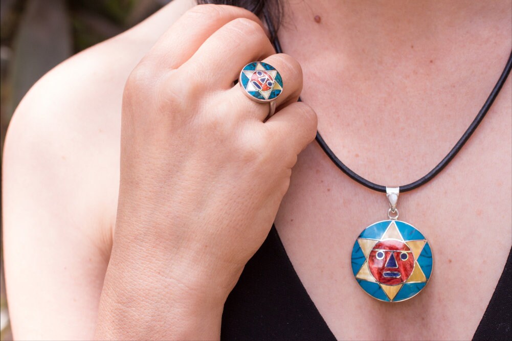 Large Sun Pendant Necklace Inca Maya Aztec Style / Peruvian Silver ...