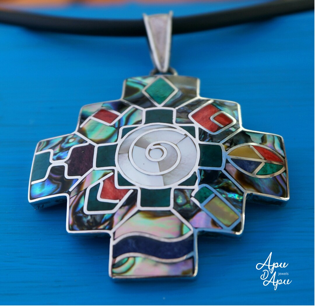 XL Chakana Inca 950 Silver Stones Inlay Pachamama Inside - Ethnic ...