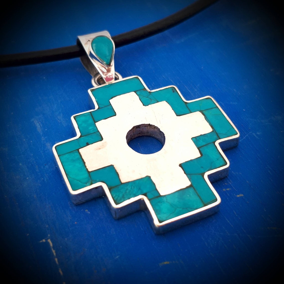 Chakana Inca Cross Pendant Necklace Sterling Silver Turquoise | Etsy