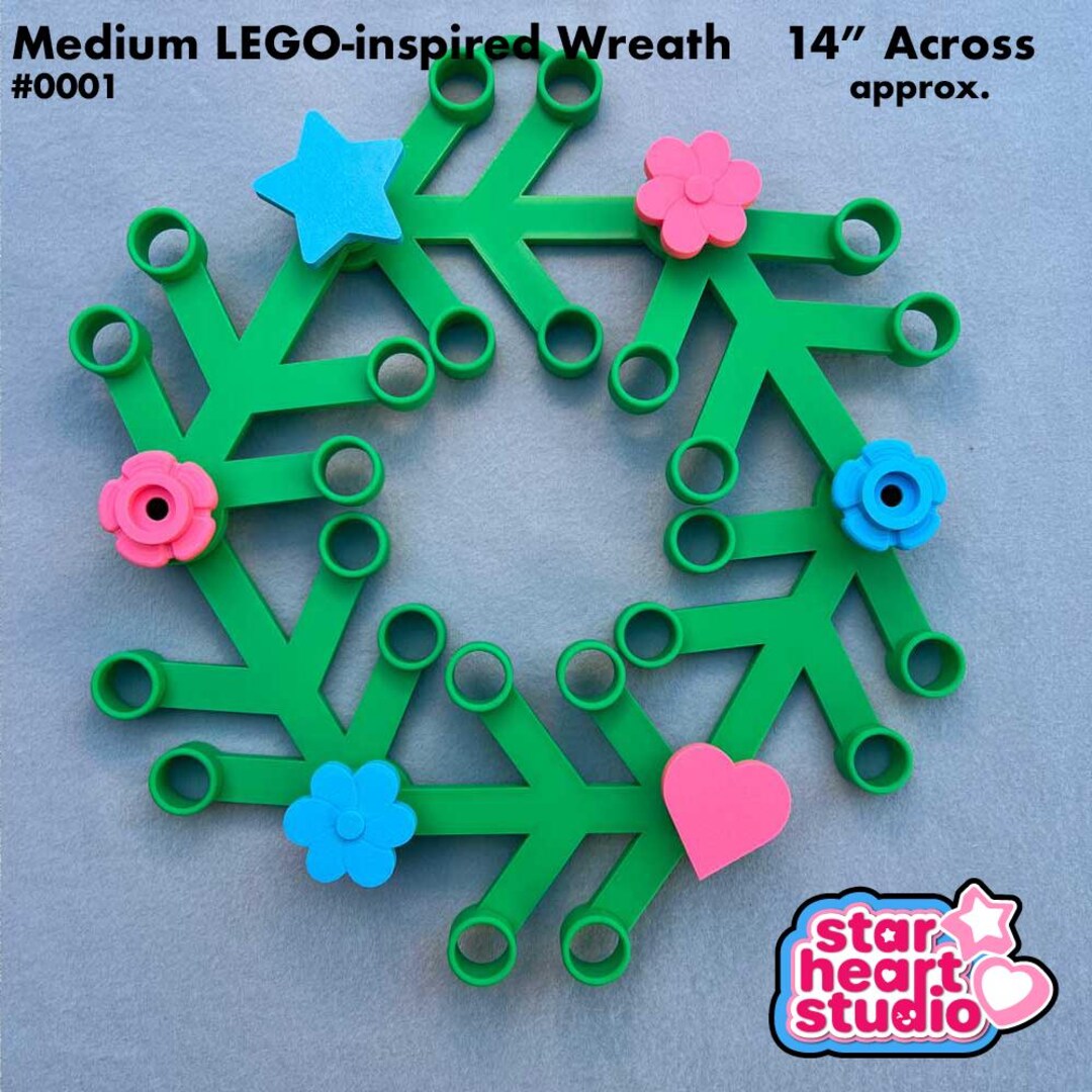 14 Giant Green Lego-inspired Wreath With Pink and Blue Flowers, Heart ...