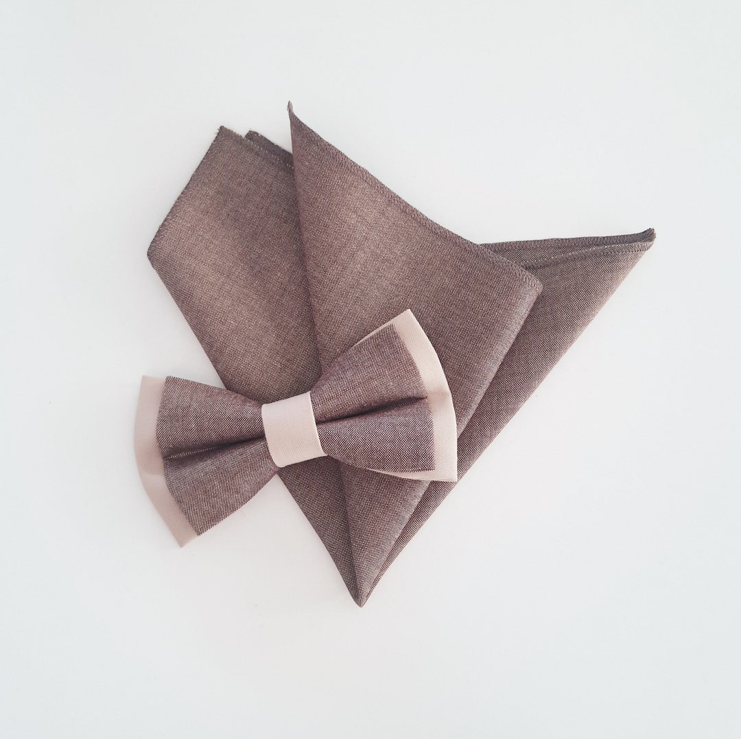 Set of Pastel Brown/pink Cold Wool Bow Tie With Pocket Square, Wedding ...