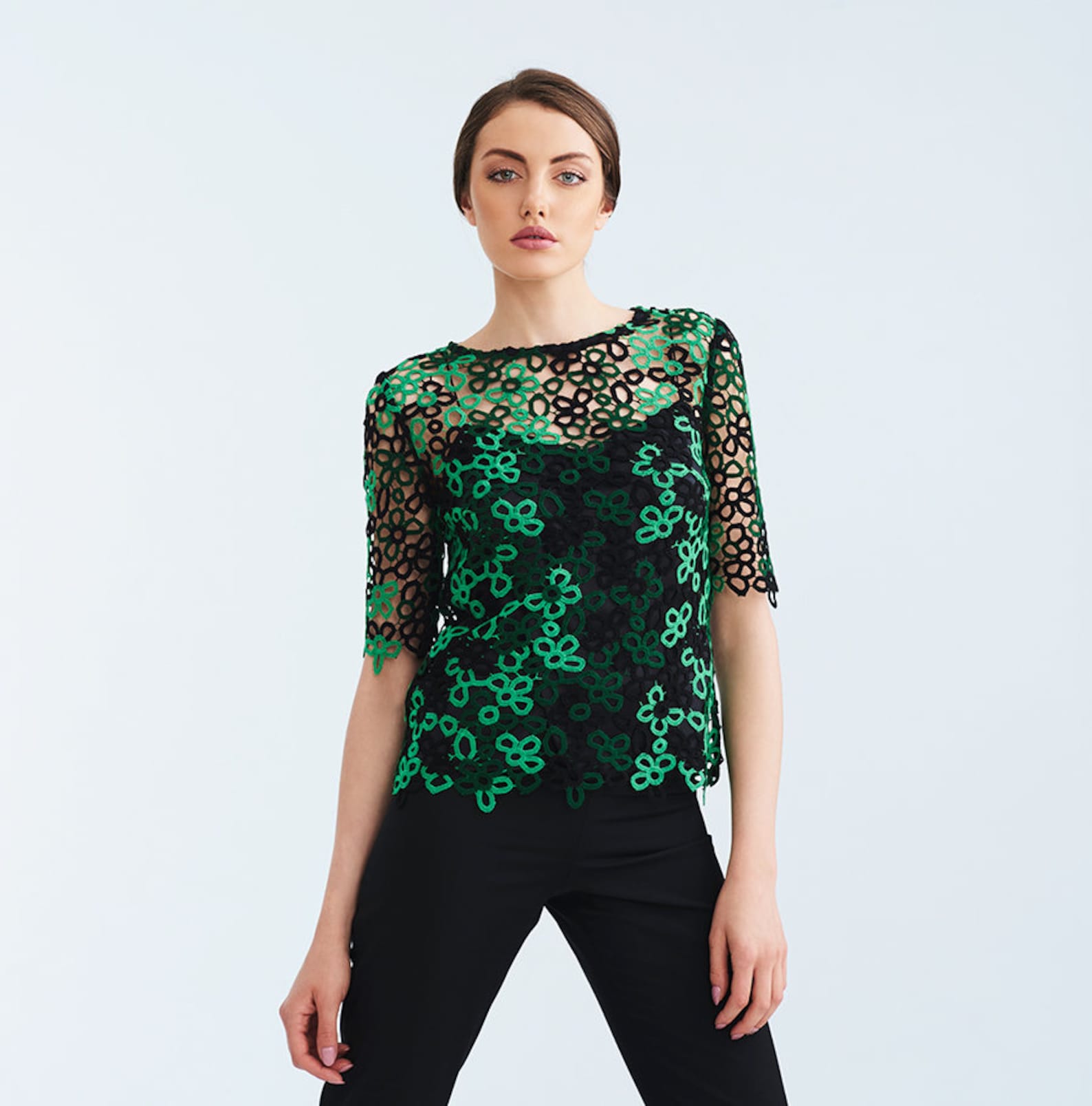 Spring Summer Green Lace Sleeves Top With Natural Silk Lining Crop Top ...