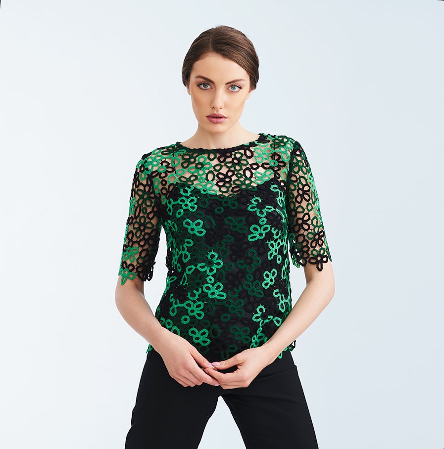Spring Summer Green Lace Sleeves Top With Natural Silk Lining Crop Top ...