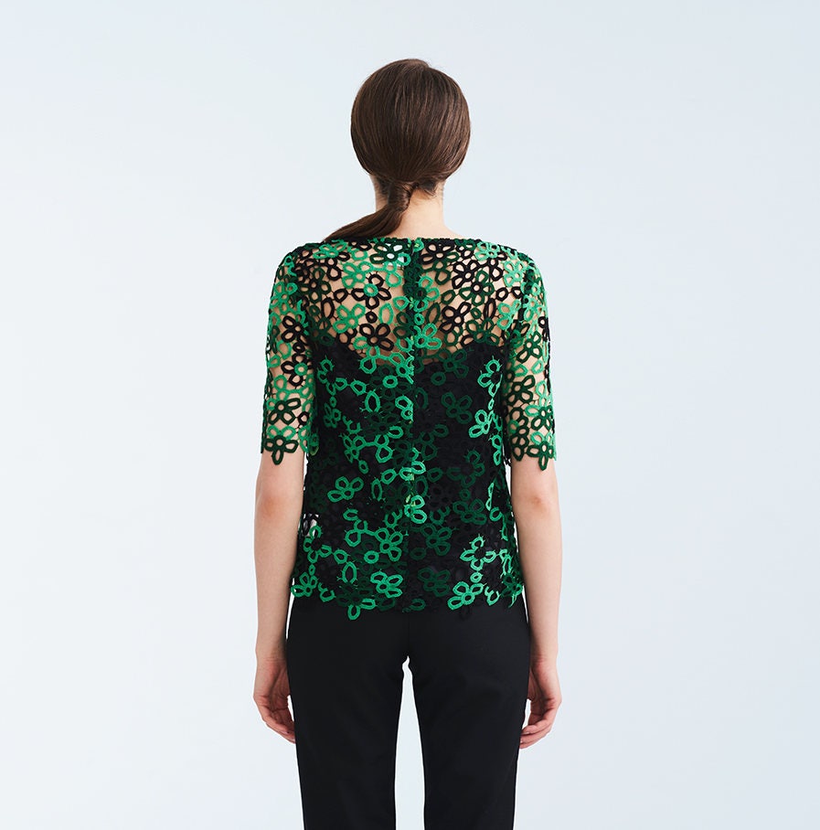 Spring Summer Green Lace Sleeves Top With Natural Silk Lining Crop Top ...