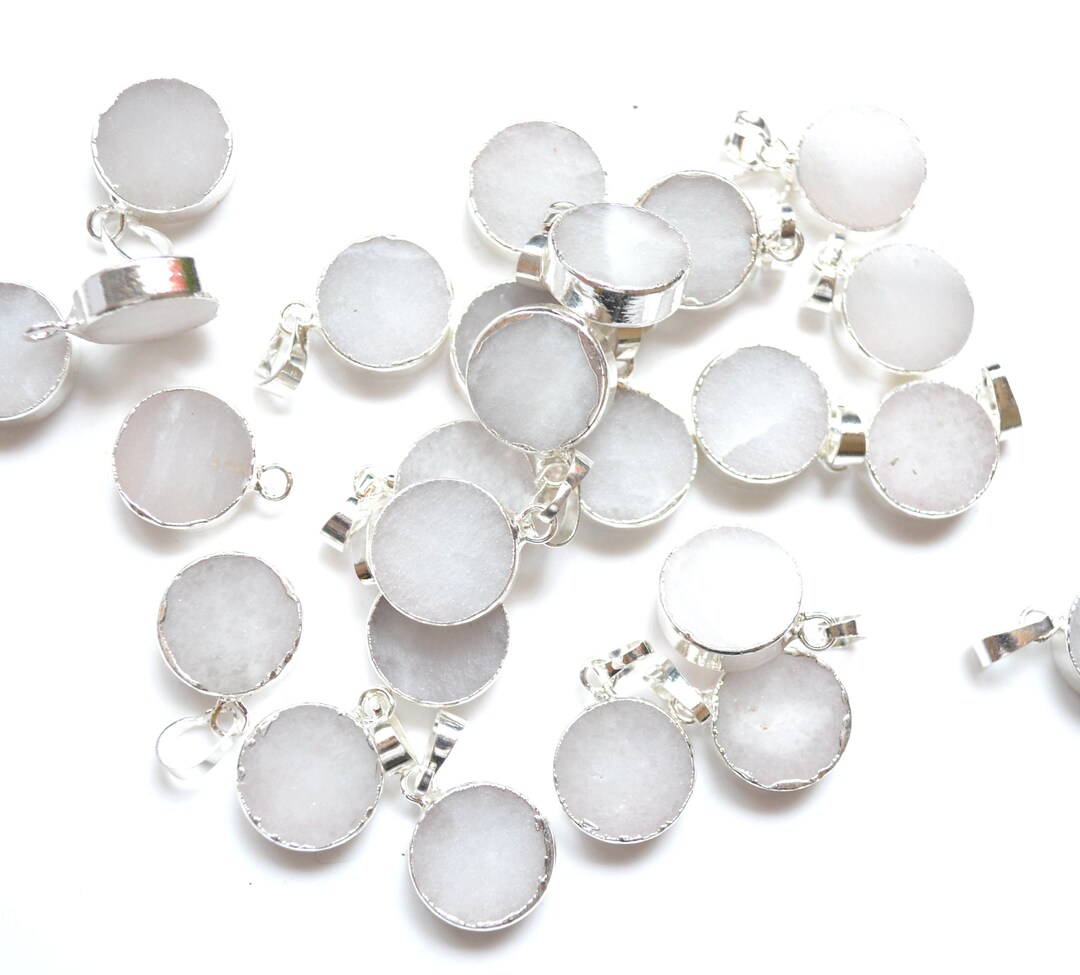 Nature 15mm White Agate Stone Pendant, Round White Pendant With Silvery ...