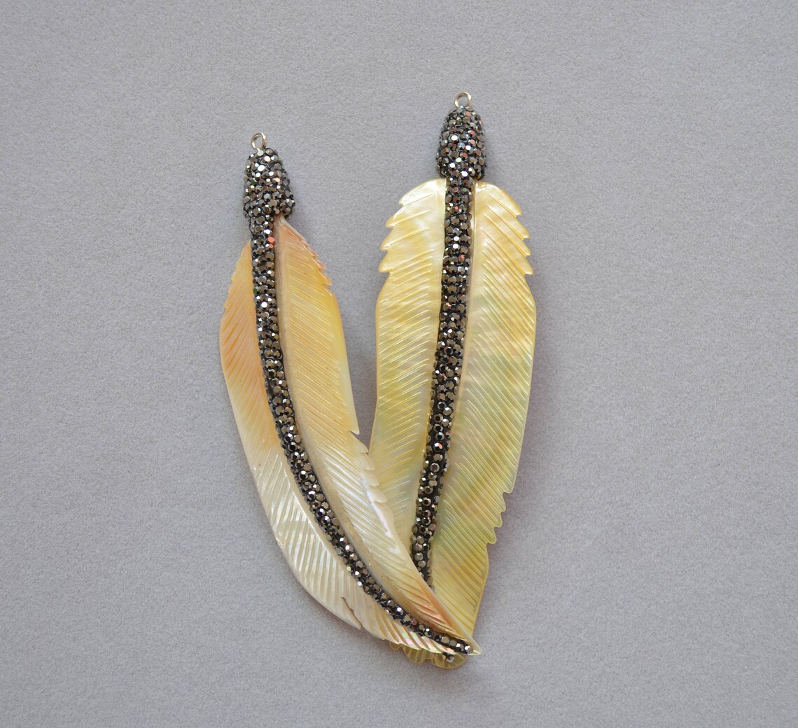 Nature Light Yellow Feather Shell Pendant With Crystal Zircon | Etsy