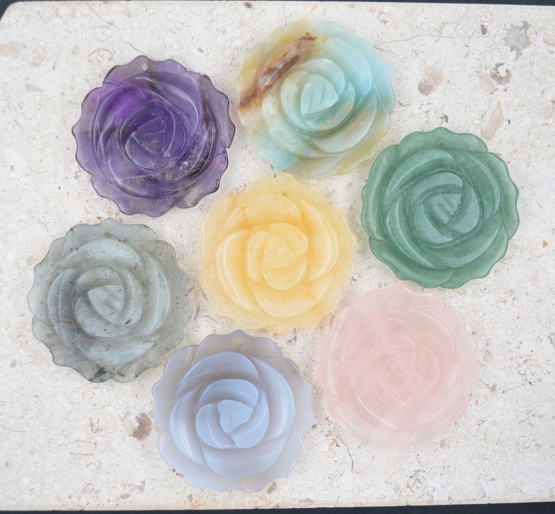 35MM Gemstone Carved Rose Flower Shape Pendant ,crystal Flower Carving ...