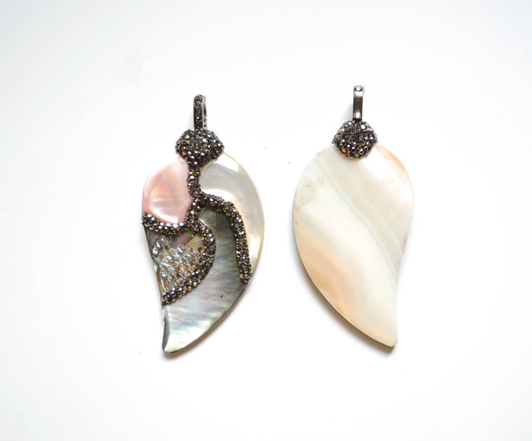 Nature Leaf Shape Shell Pendant With Crystal Zircon Gemstone Paved ...