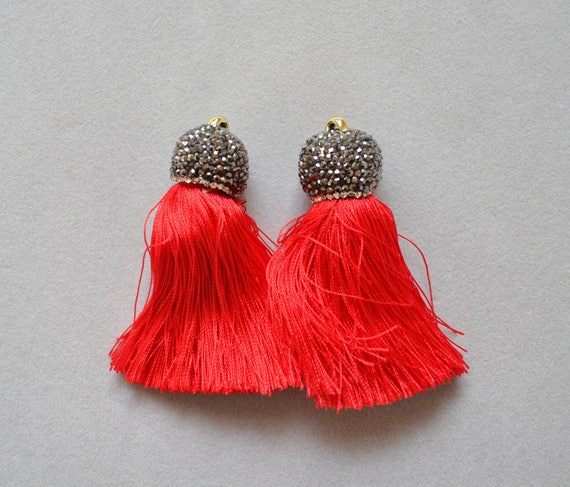 Red silk Tassels Pendant Tassels With Pave Rhinestone Caps | Etsy
