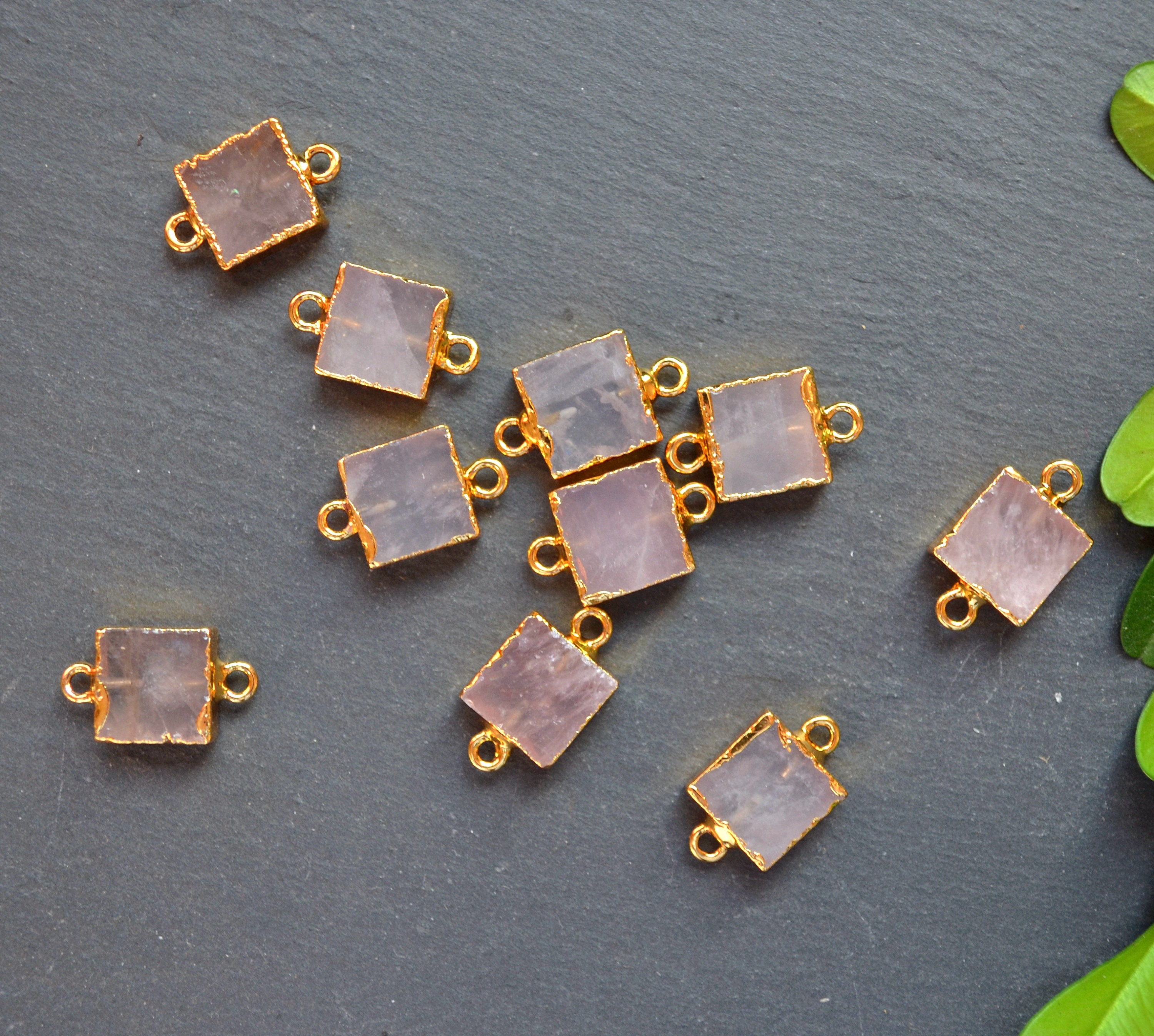 Nature 10mm rectangle rose quartz connector pendant with Gold | Etsy