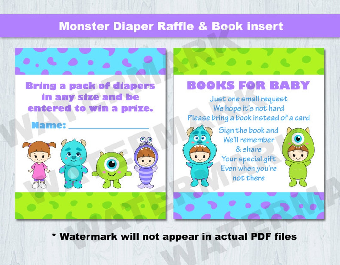 Monsters Diaper Raffle & Book Insert, Monsters Book Insert, Monsters ...