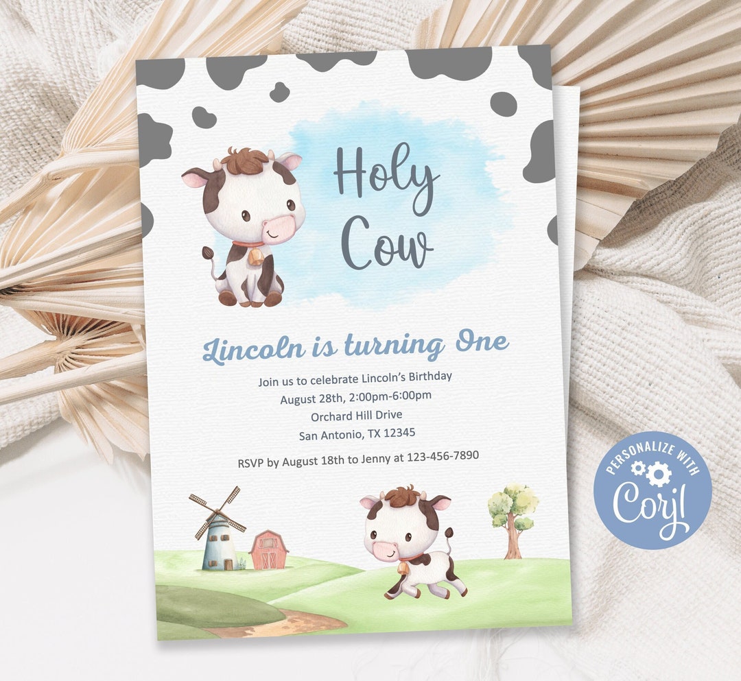 Holy Cow Birthday Invitation, Holy Cow Invitation, Holy Cow I'm One Boy ...