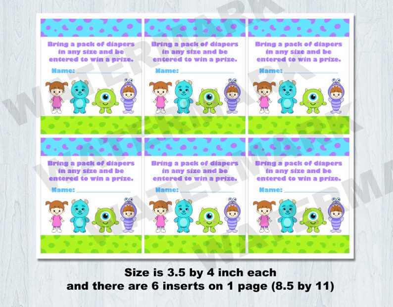 Monsters Diaper Raffle & Book Insert, Monsters Book Insert, Monsters ...