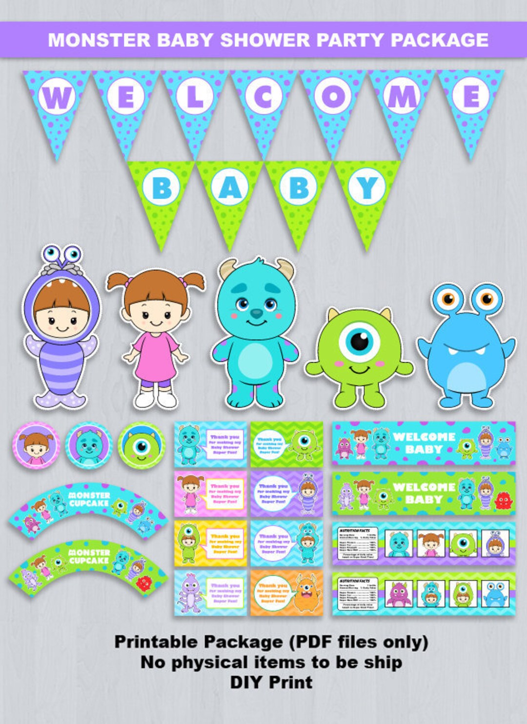 Monsters Baby Shower, Monsters Baby Shower Party Package, Monsters Baby ...