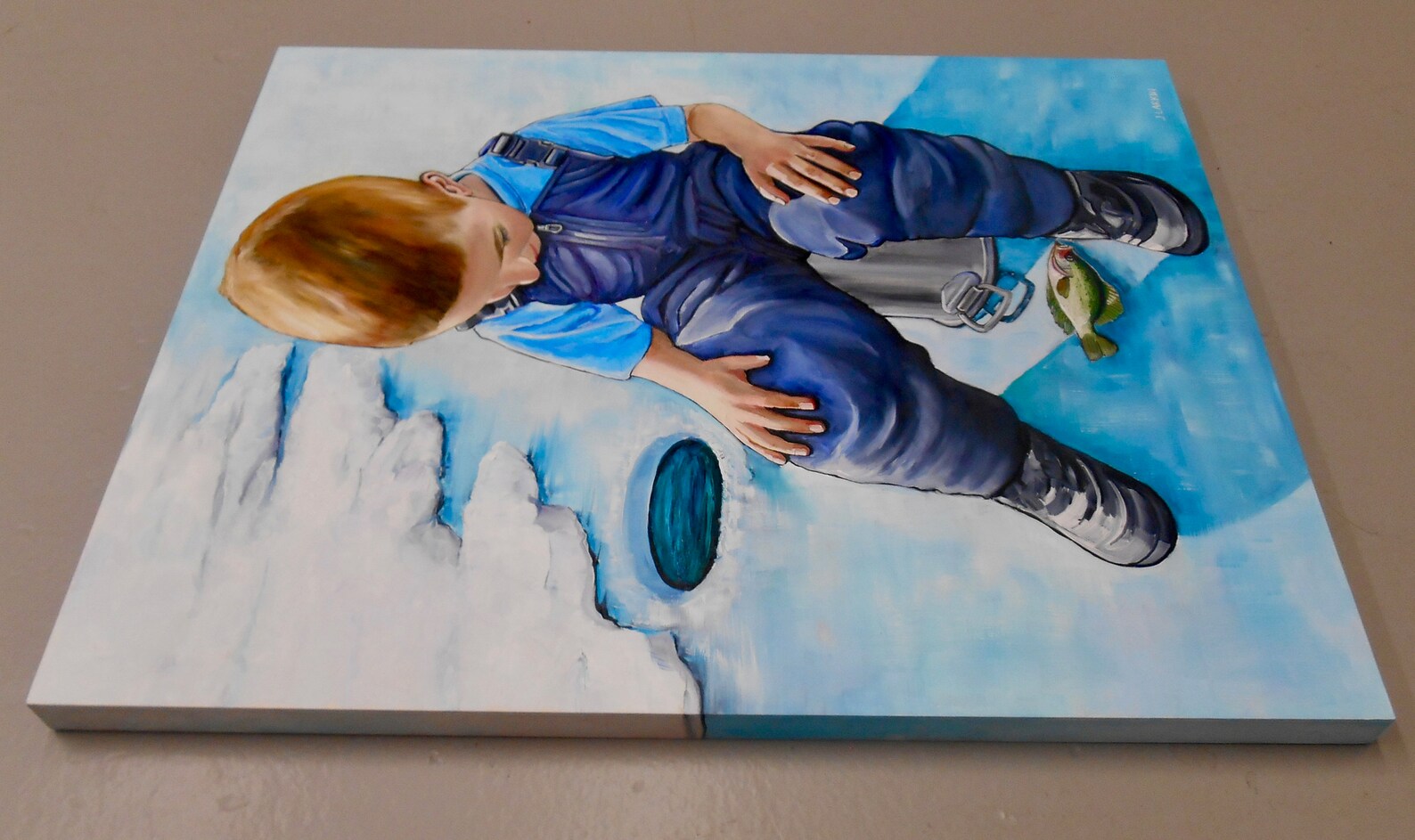 Boy Ice Fishing, First Catch, Winter Oil Painting, Canvas Print ...