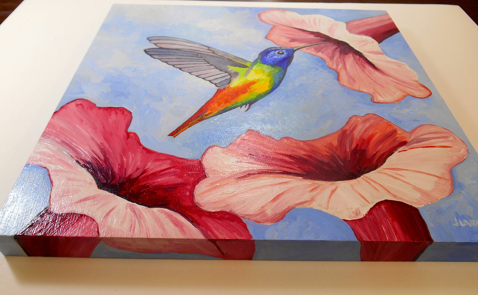 Hummingbird Oil Painting, 10x10 Oil on Birch Panel, Original Petunia ...