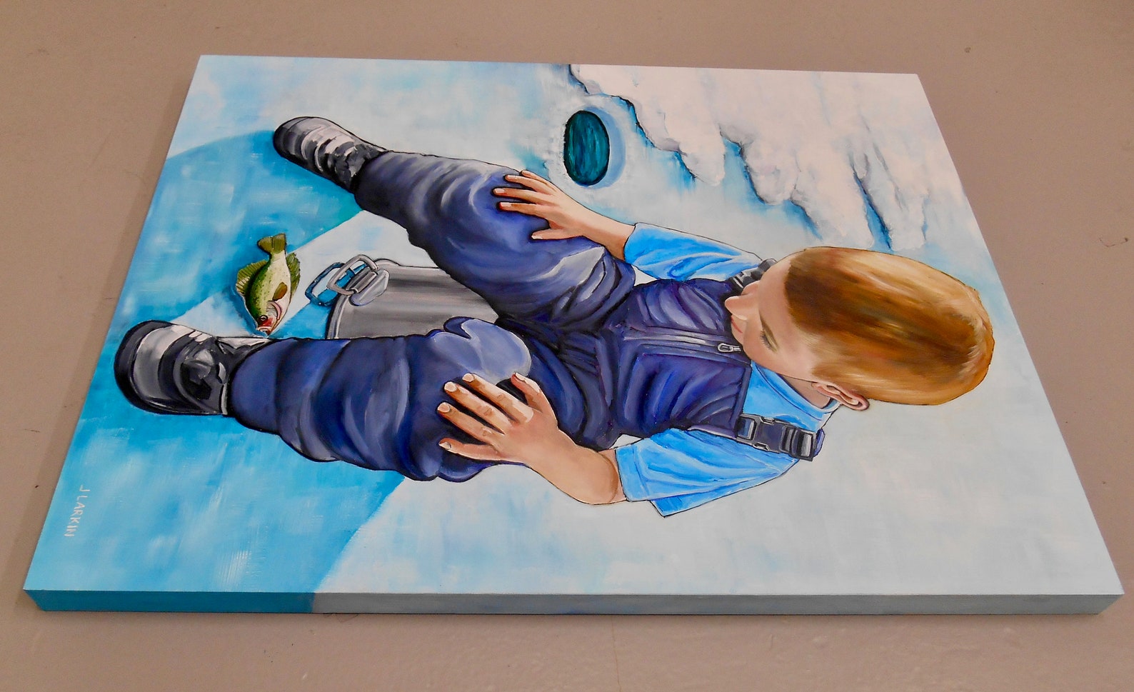 Boy Ice Fishing, First Catch, Winter Oil Painting, Canvas Print ...