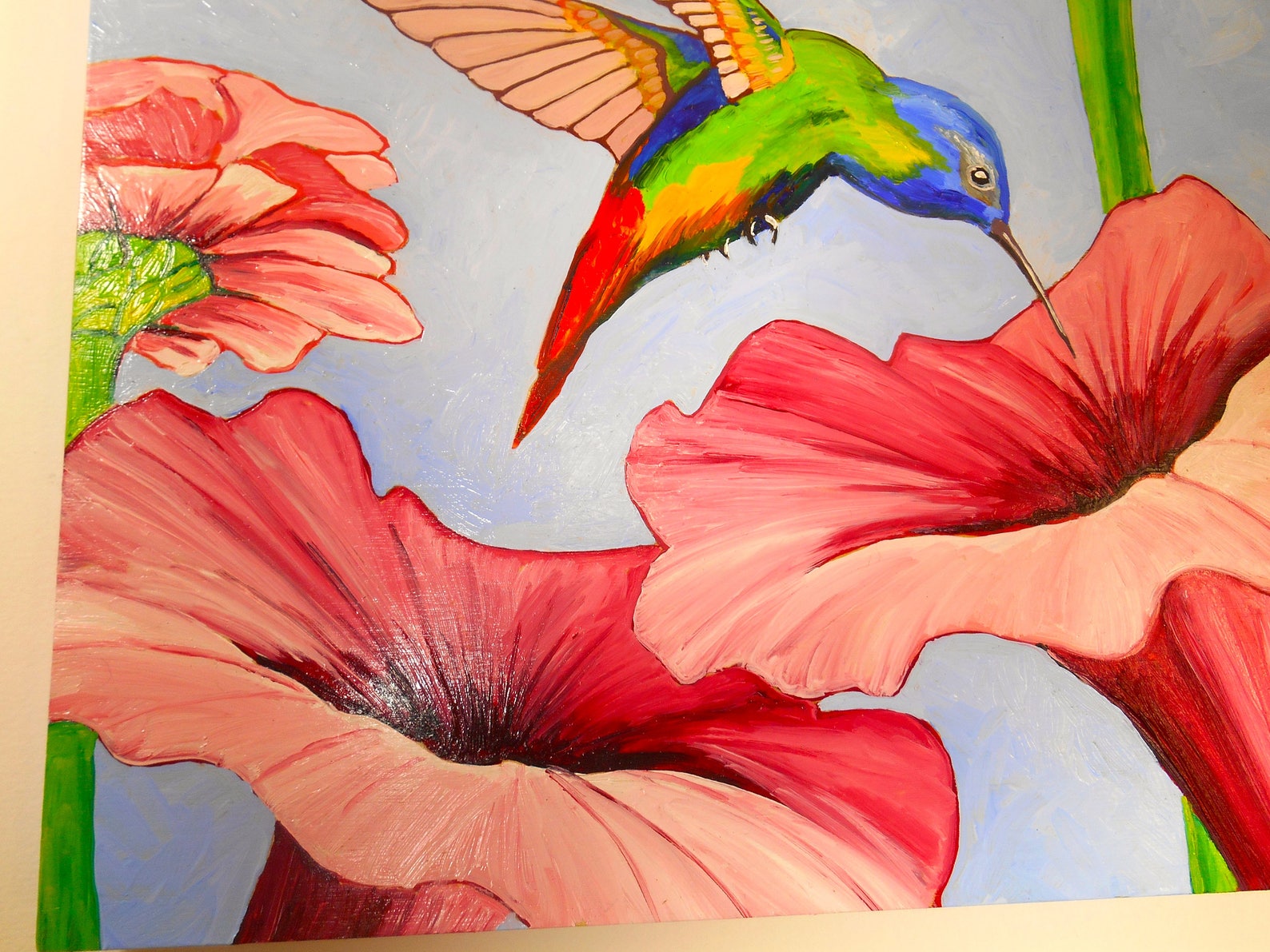 Hummingbird Oil Painting, 10x10 Oil on Birch Panel, Petunia Oil ...