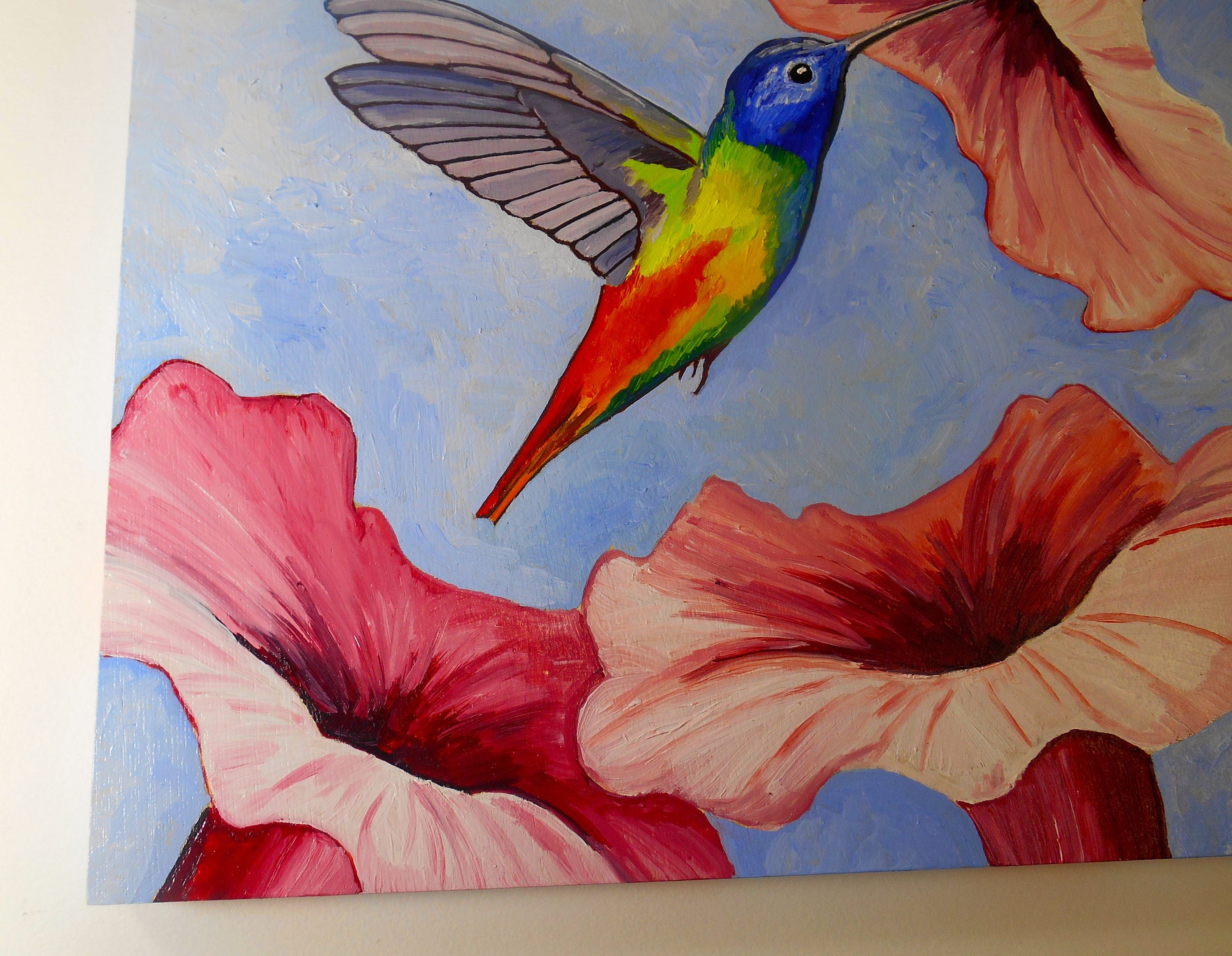 Hummingbird Oil Painting, 10x10 Oil on Birch Panel, Original Petunia ...