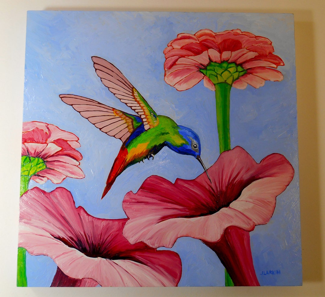 Hummingbird Oil Painting, 10x10 Oil on Birch Panel, Petunia Oil ...