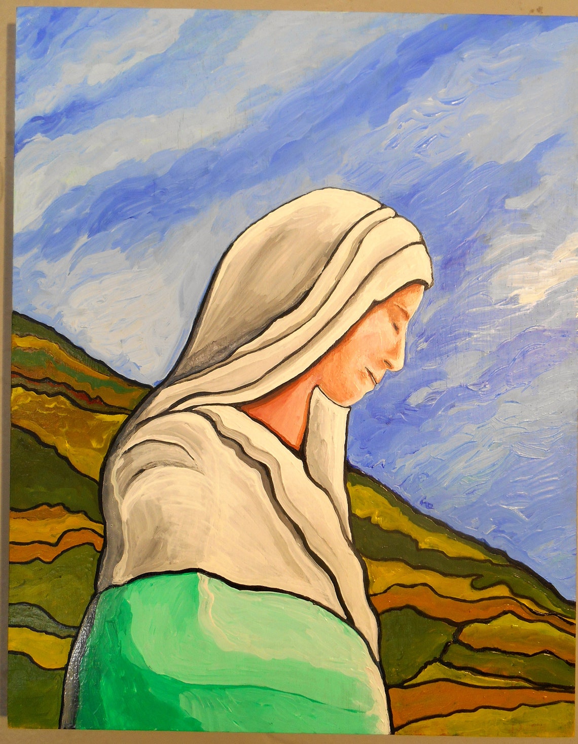 Original Virgin Mary Oil Painting on Wood, Surrealism Modern Catholic ...