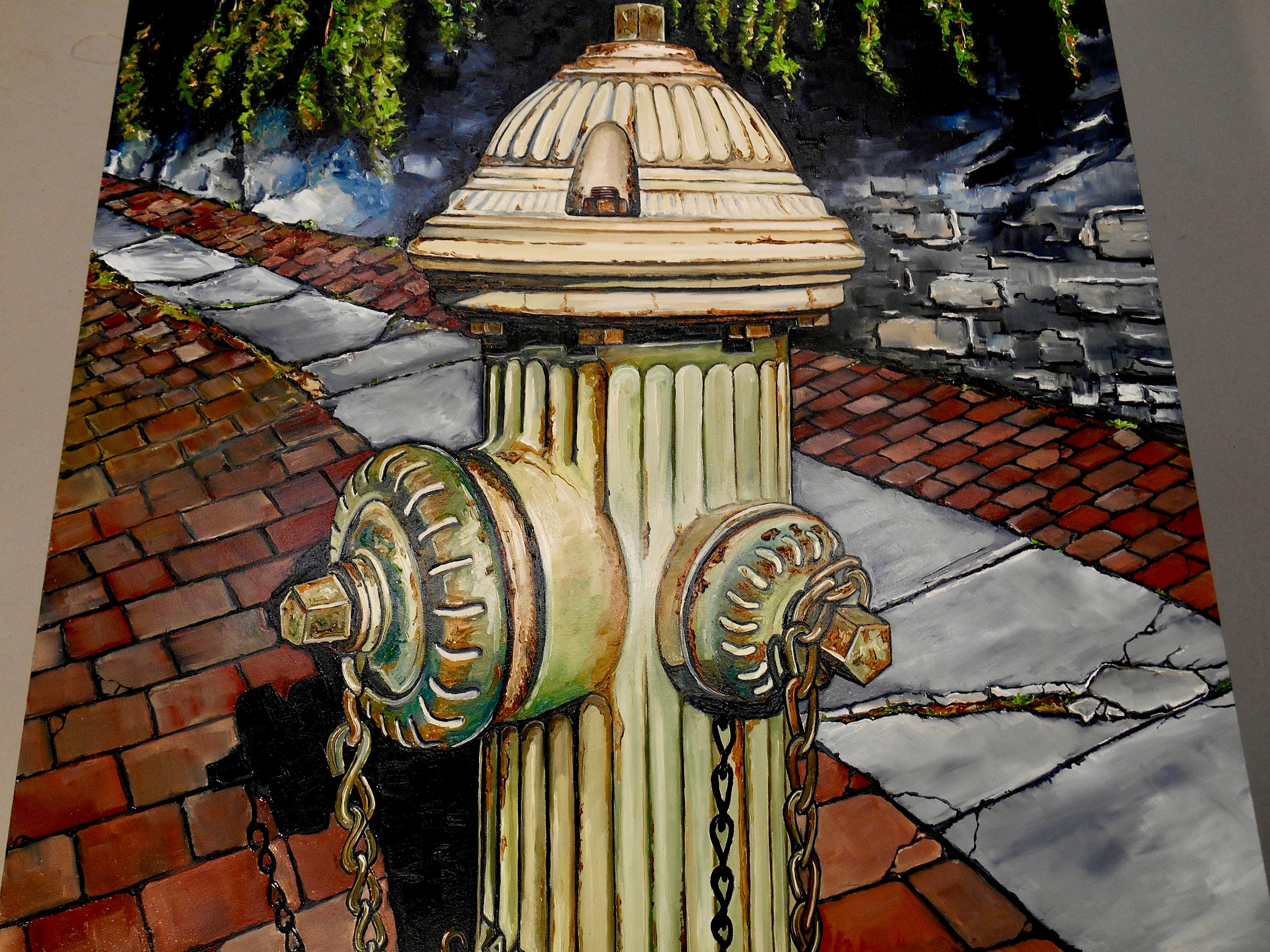 Oil Painting- Weathered Fire Hydrant- Brick Path- East Side of ...