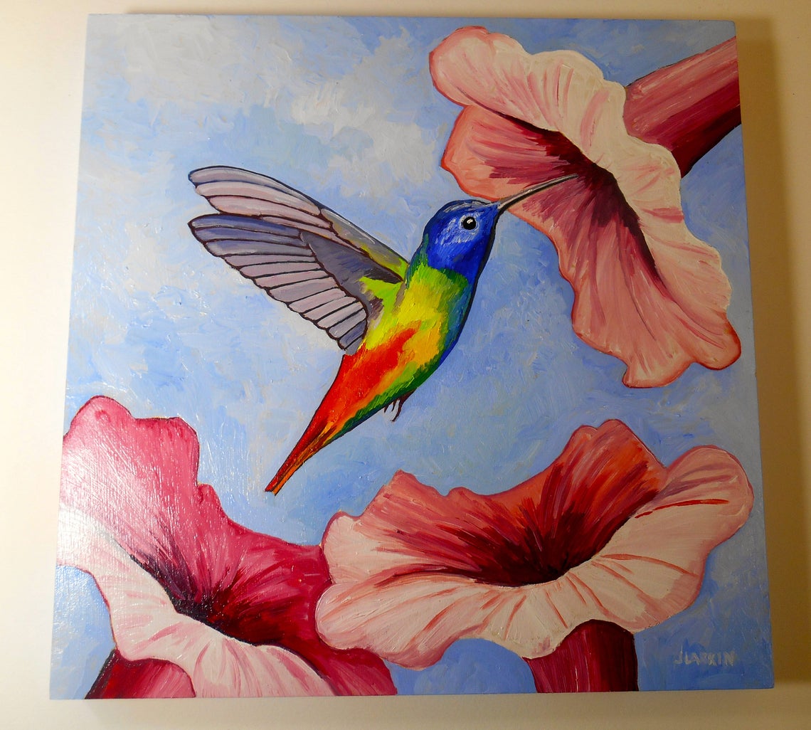 Hummingbird Oil Painting, 10x10 Oil on Birch Panel, Original Petunia ...