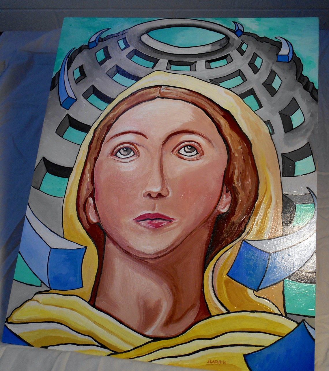 Original Virgin Mary Oil Painting on Wood, Surrealism Modern Catholic ...