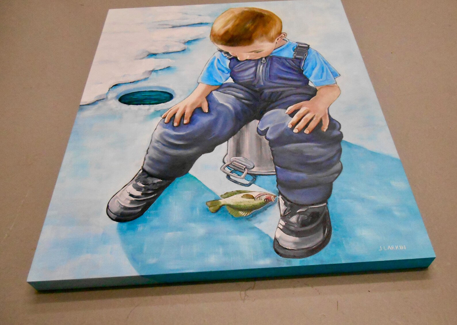 Boy Ice Fishing, First Catch, Winter Oil Painting, Canvas Print ...