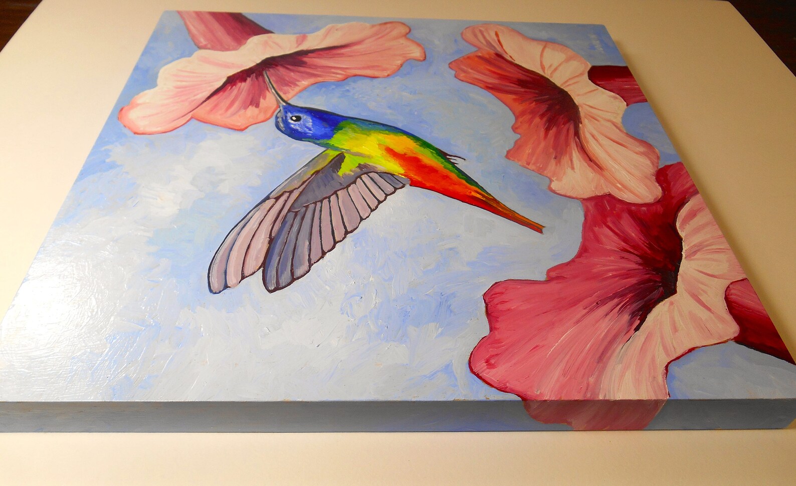 Hummingbird Oil Painting, 10x10 Oil on Birch Panel, Original Petunia ...