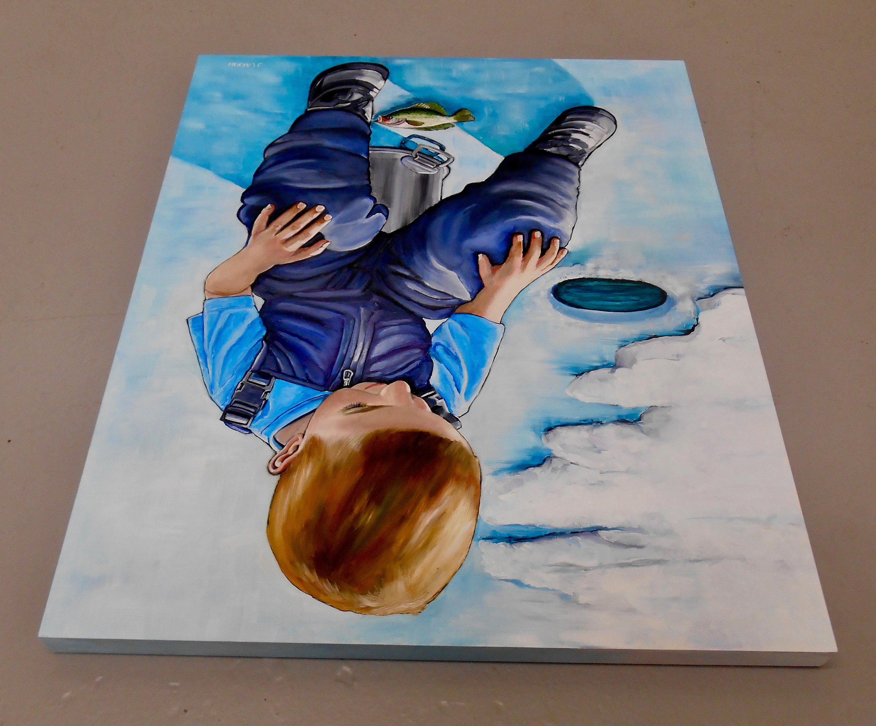 Boy Ice Fishing, First Catch, Winter Oil Painting, Canvas Print ...