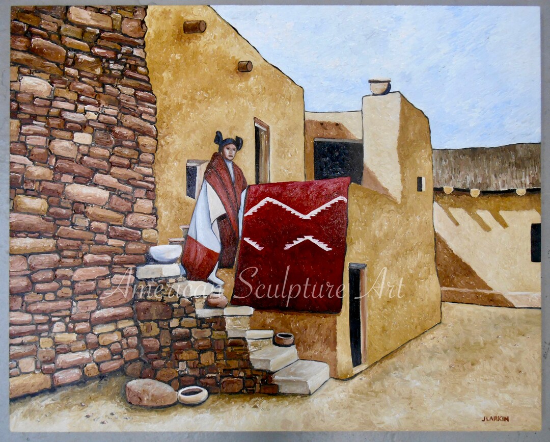 Oil Painting, Indian Village on Birch Panel, Southwestern Decor, Large ...