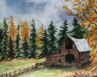 Original Fall Barn Landscape Watercolor Painting. Barn Painting ...