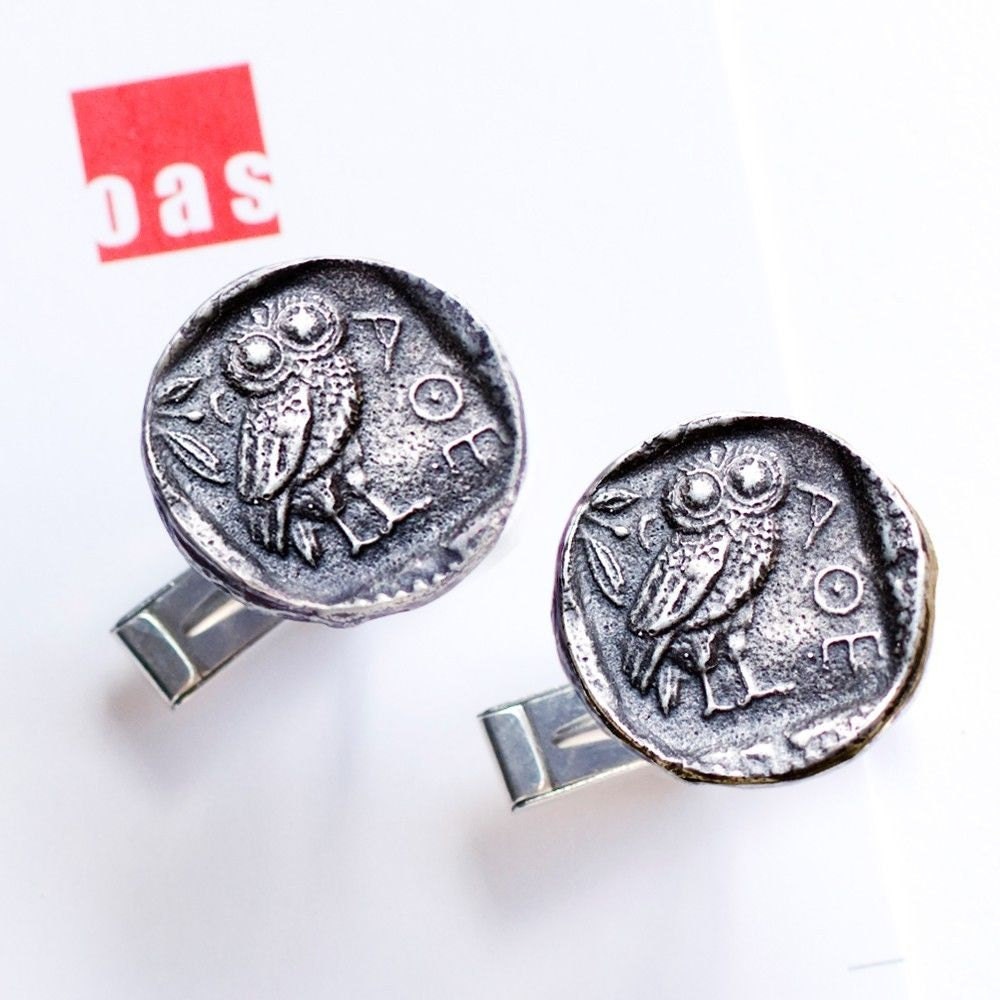 925 Sterling Silver Owl Coin Cufflinks, Sterling Silver Greek Athena's ...