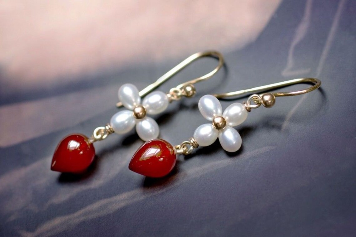 Fire Carnelian Earrings, 18K Solid Gold, Carnelian Pearl Drop Earrings ...