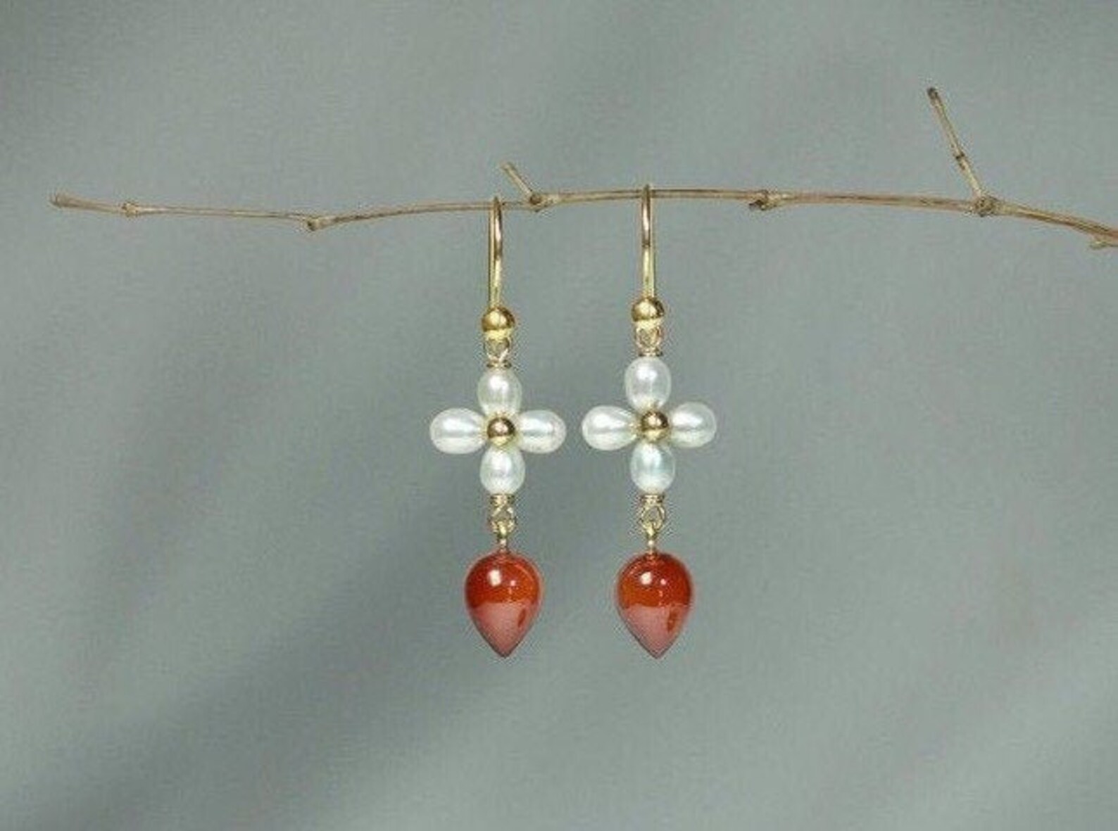 Fire Carnelian Earrings, 18K Solid Gold, Carnelian Pearl Drop Earrings ...