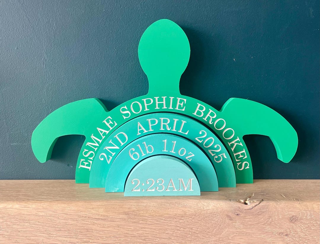 Personalised Wooden Turtle Stacker, Engraved Wooden Rainbow Stacker, Personalised New Baby Gift ...