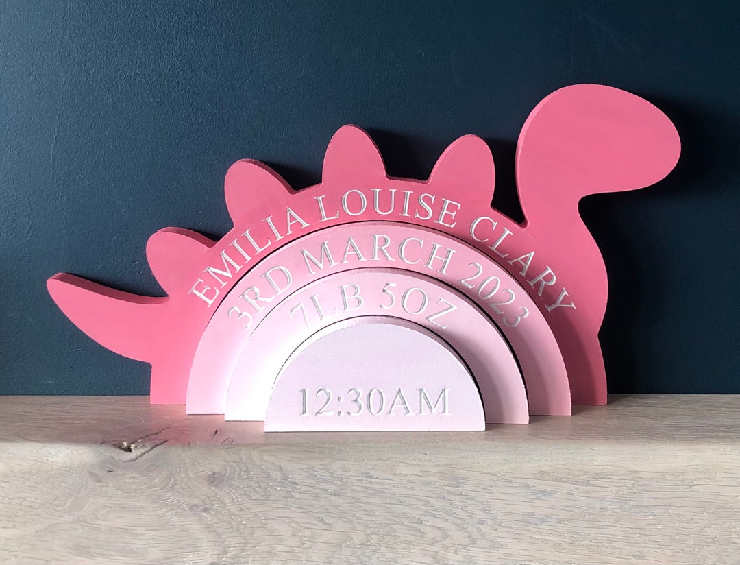 Personalised Wooden Dinosaur Stacker, Engraved Wooden Rainbow Stacker ...