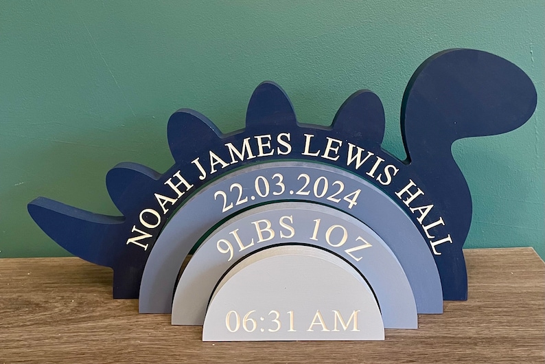 Personalised Wooden Dinosaur Stacker, Engraved Wooden Rainbow Stacker ...