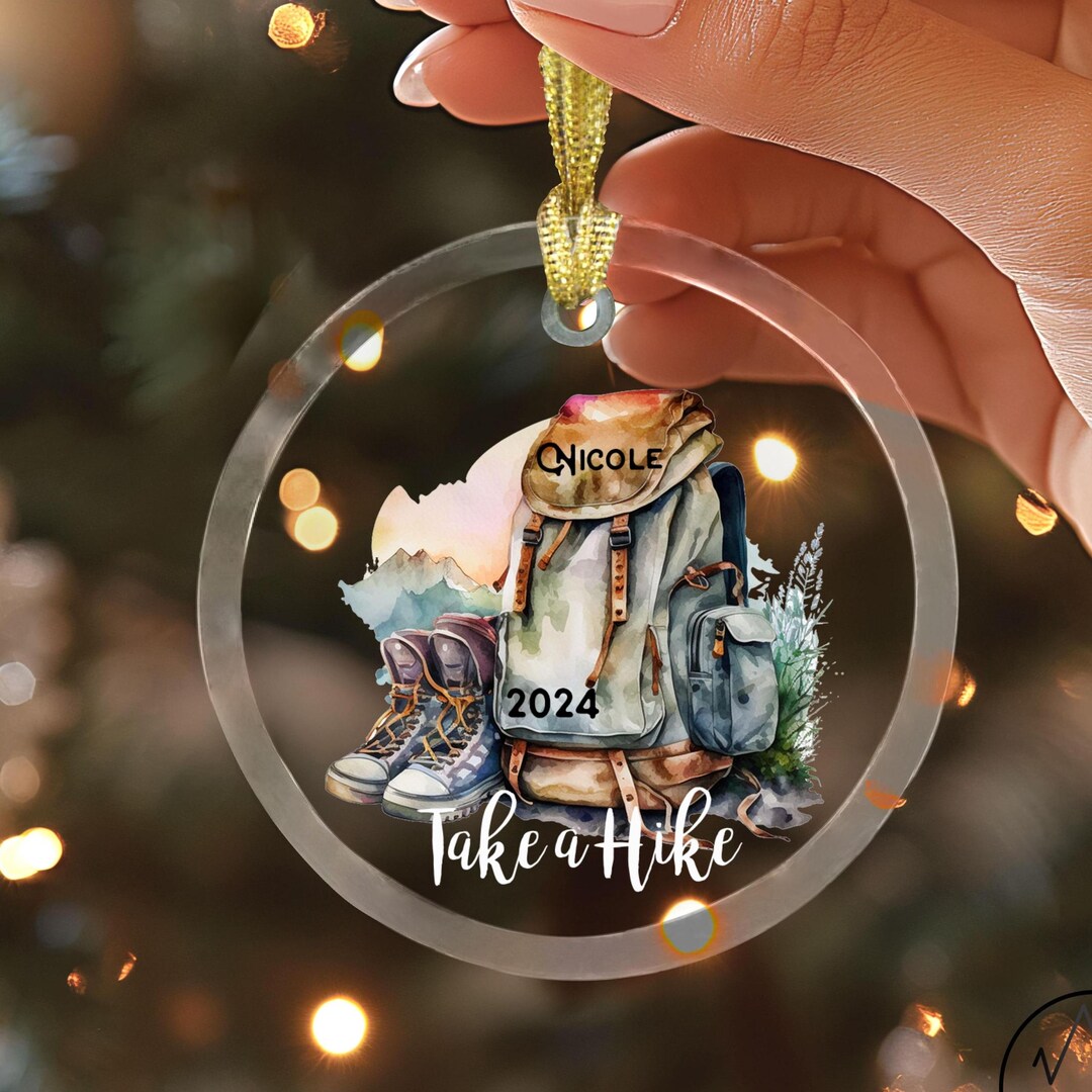Personalized Cute Hiking Backpack Glass Ornament, Custom Watercolor ...