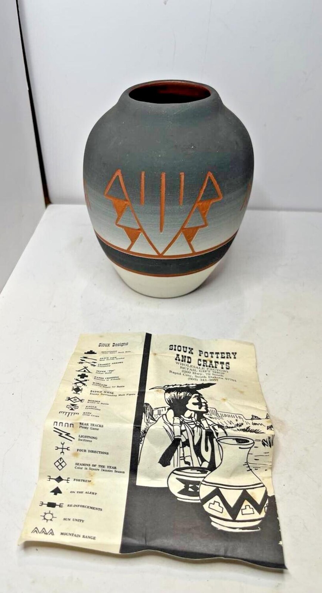 Native American Sioux Etched Pottery Terra Cotta Vase Signed Sun Rose ...