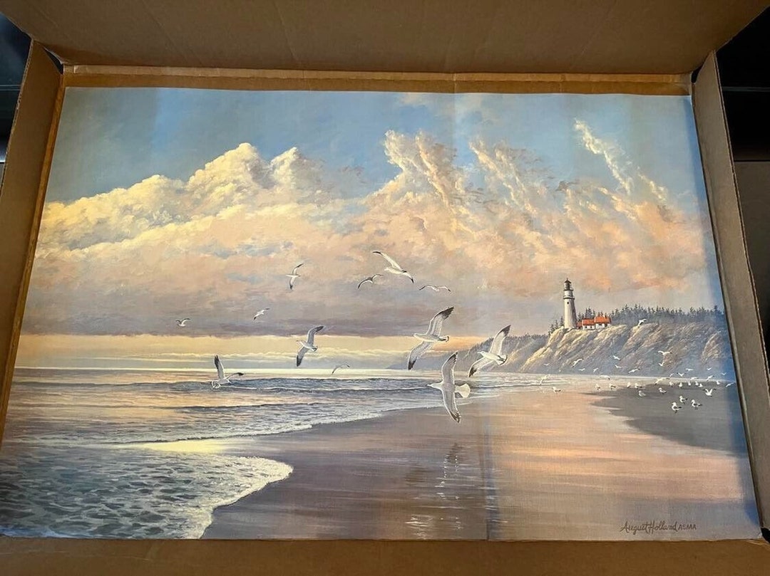 Vintage Print Seashore Maritime Lighthouse Listed Artist August Holland ...