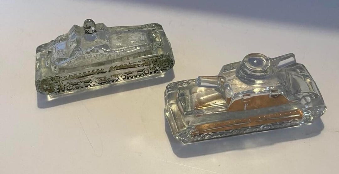 C1930s 2 Glass US Army Battle War Military Tanks Toy Candy Containers 1 ...