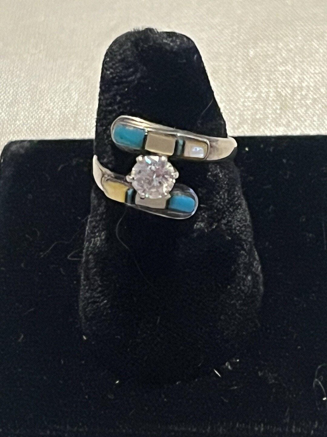 Artisan Made Sterling Bypass Ring Turquoise MOP White Sapphire Size 5 ...