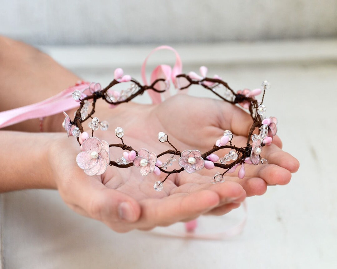 Pink Flower Crown, Sakura Hair Jewelry Crown, Cherry Blossom Crystal ...