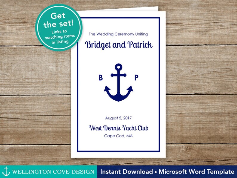 Nautical Wedding Menu With Anchor Monogram • Printable Microsoft Word ...